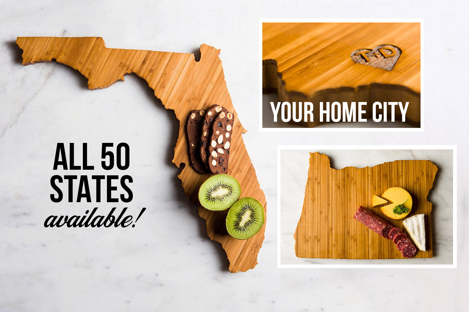 50 States Hometown Engraved State-Shaped Cutting Boards